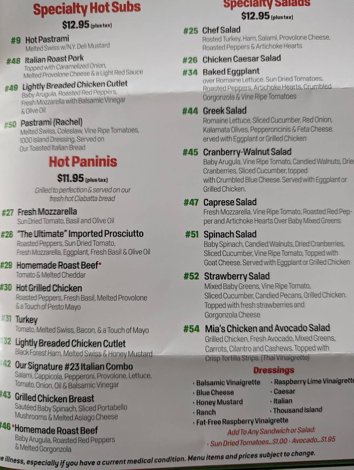 Menu at Manzo's Italian Deli restaurant, West Palm Beach