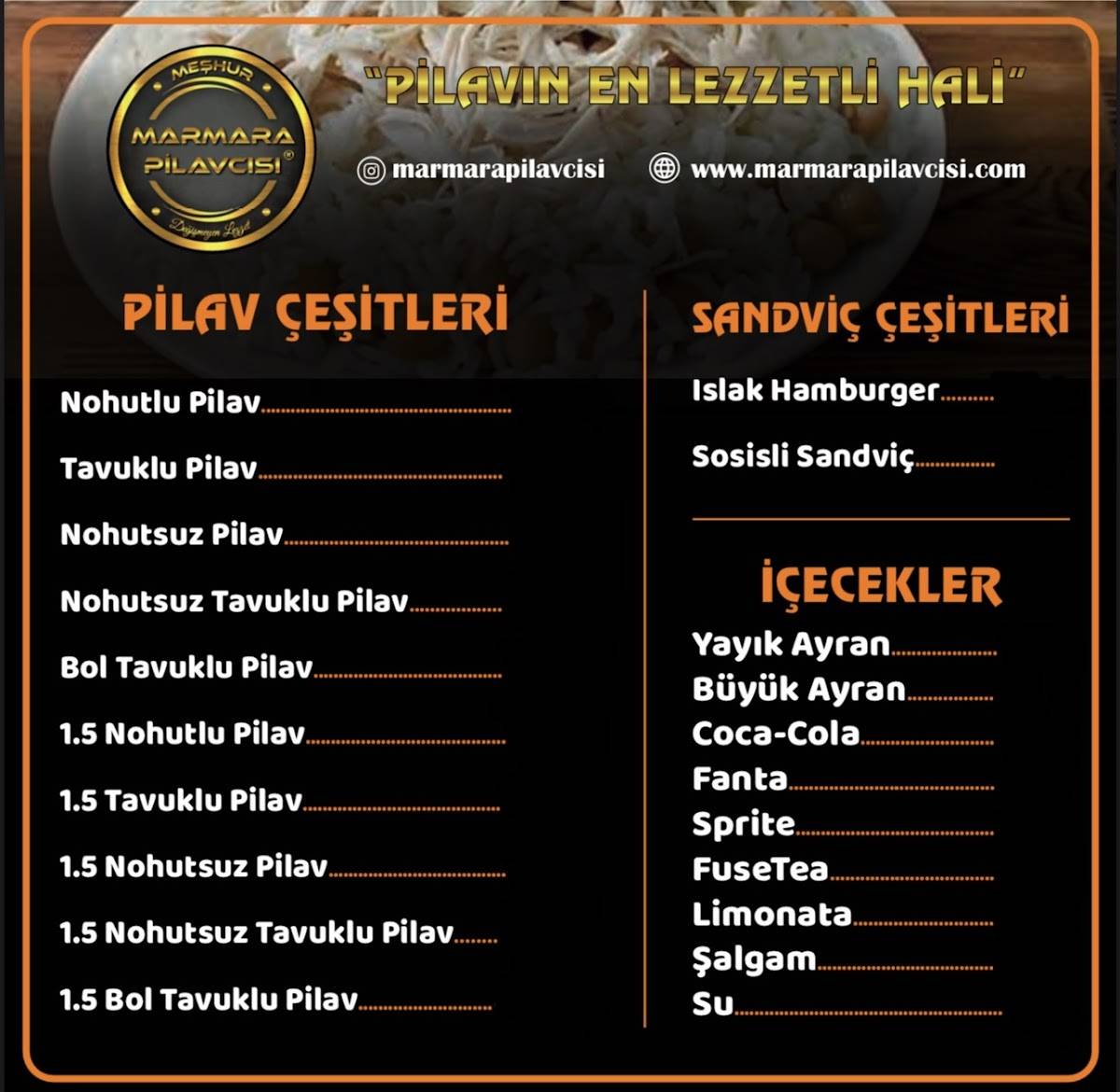 Menu at Marmara Pilavcısı, Istanbul, Avrupa Yakası