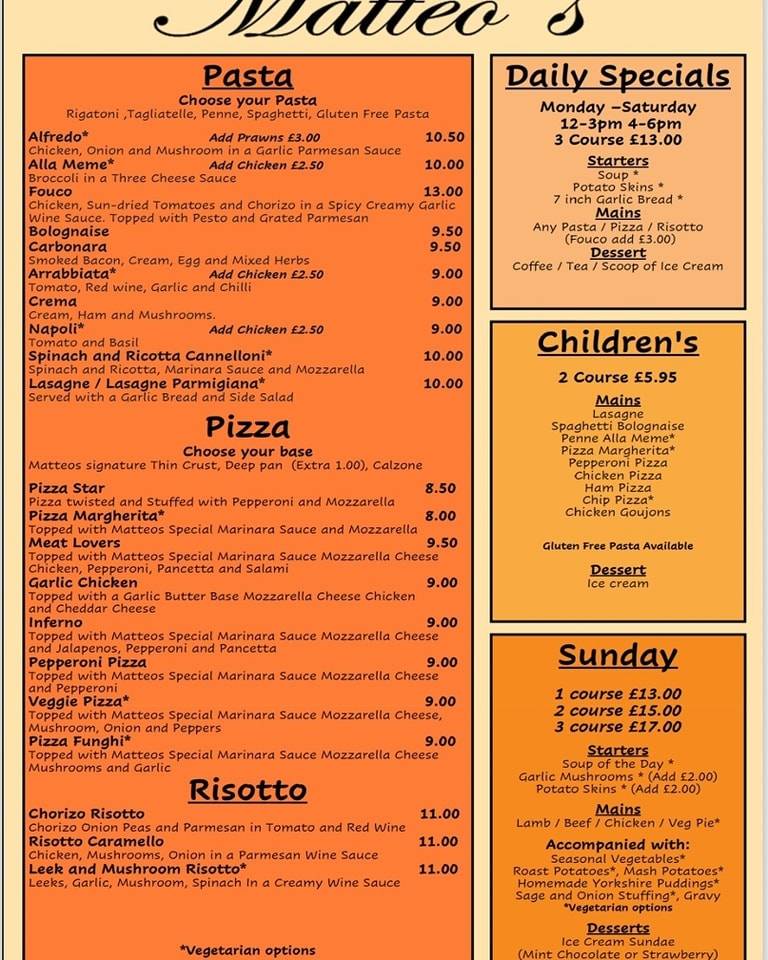 Menu at Matteo's restaurant, Hartlepool