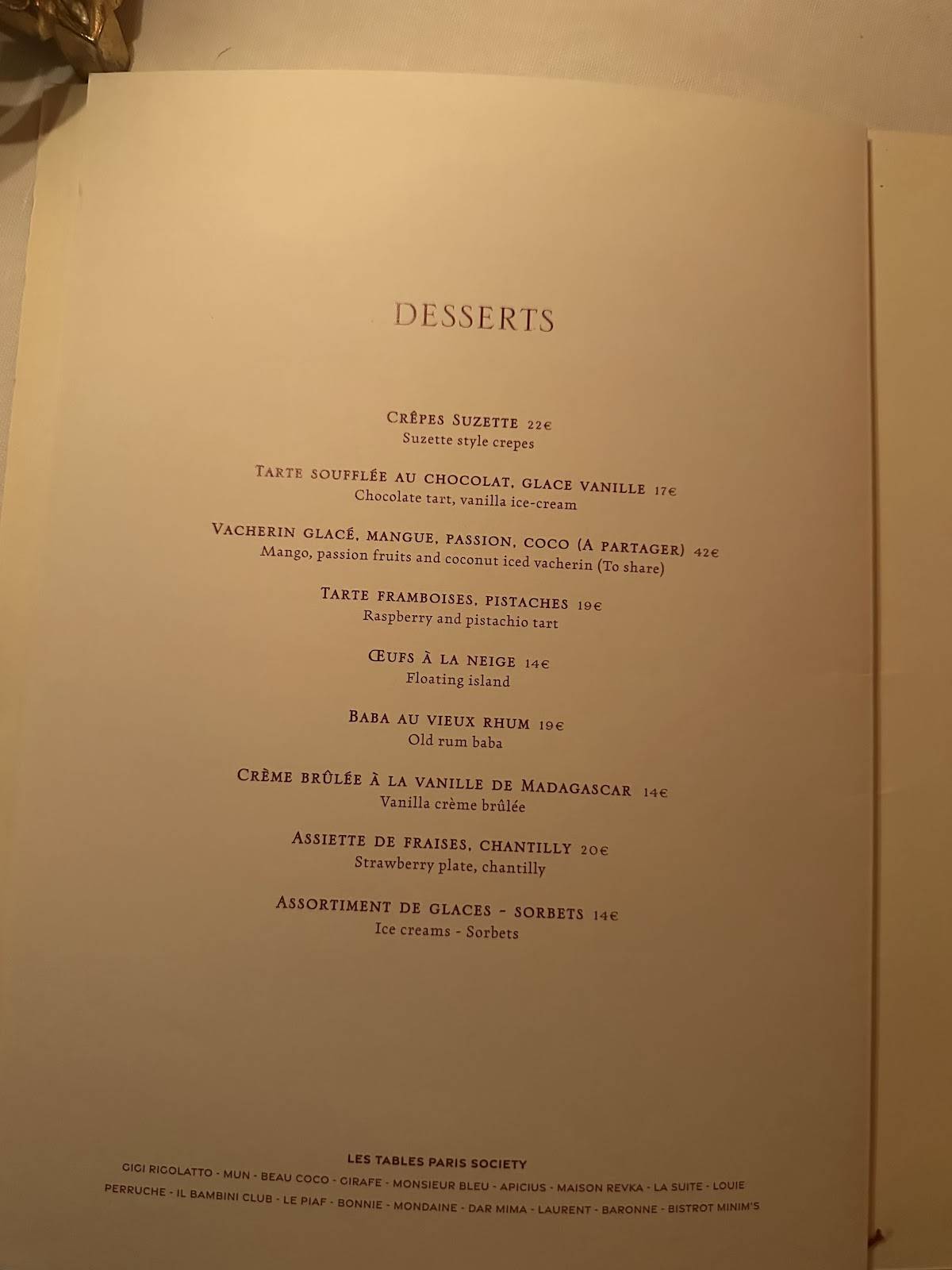 Menu at Maxim's de Paris restaurant, Paris, 3 Royale Street