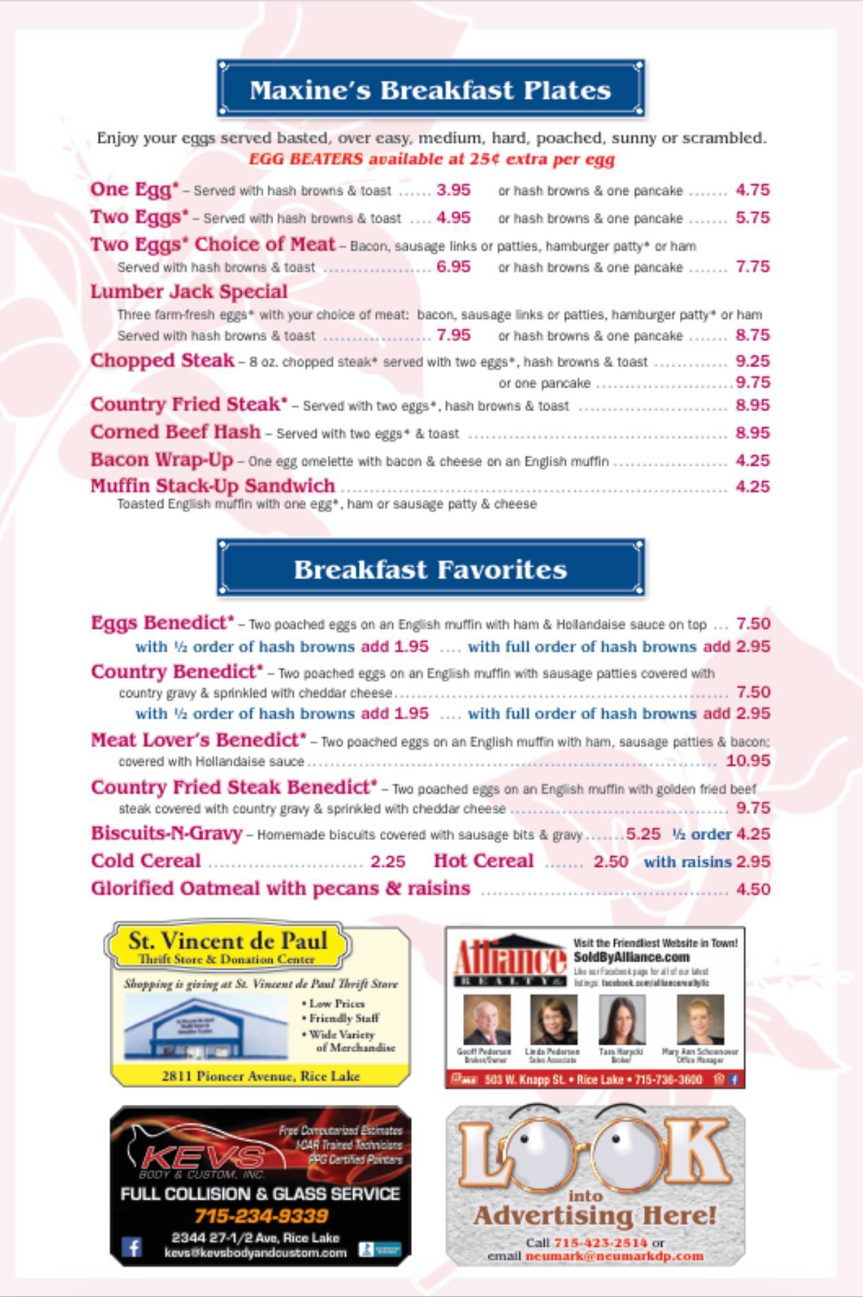 Menu at Maxine's restaurant, Rice Lake