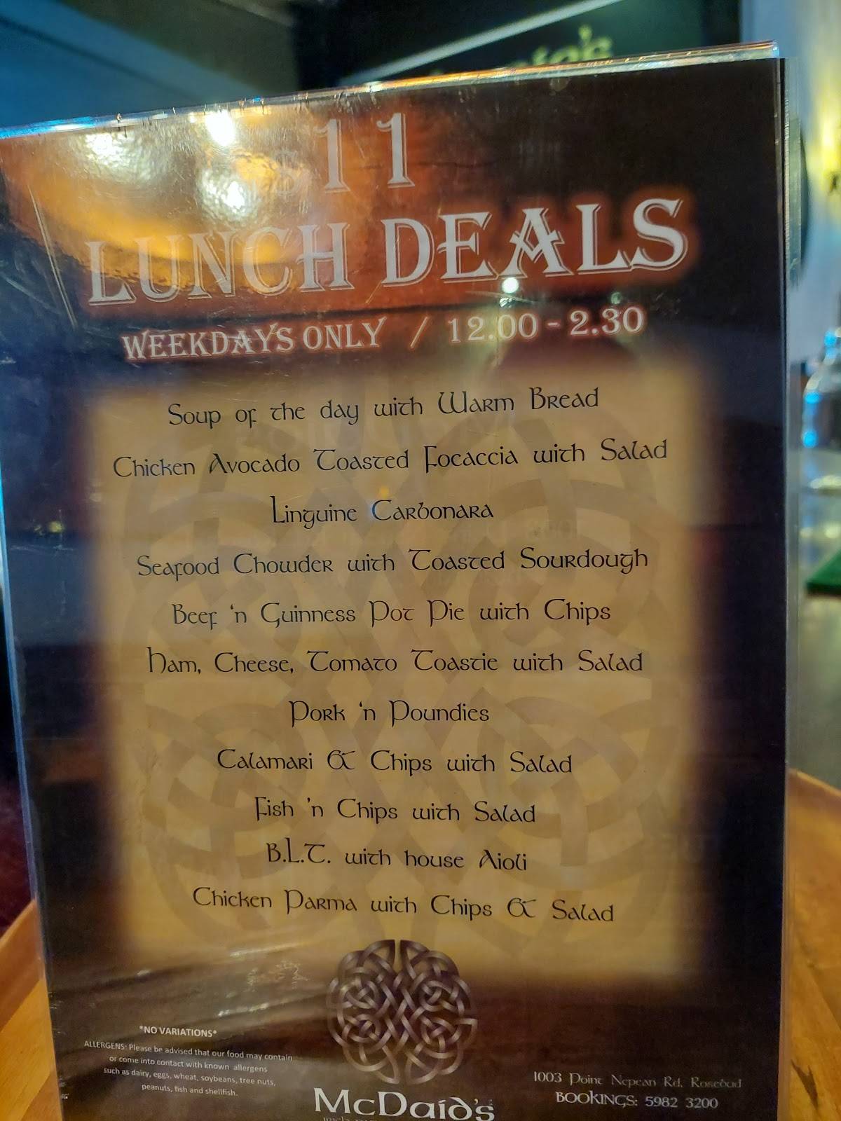 Menu at McDaid's Irish Pub, Rosebud