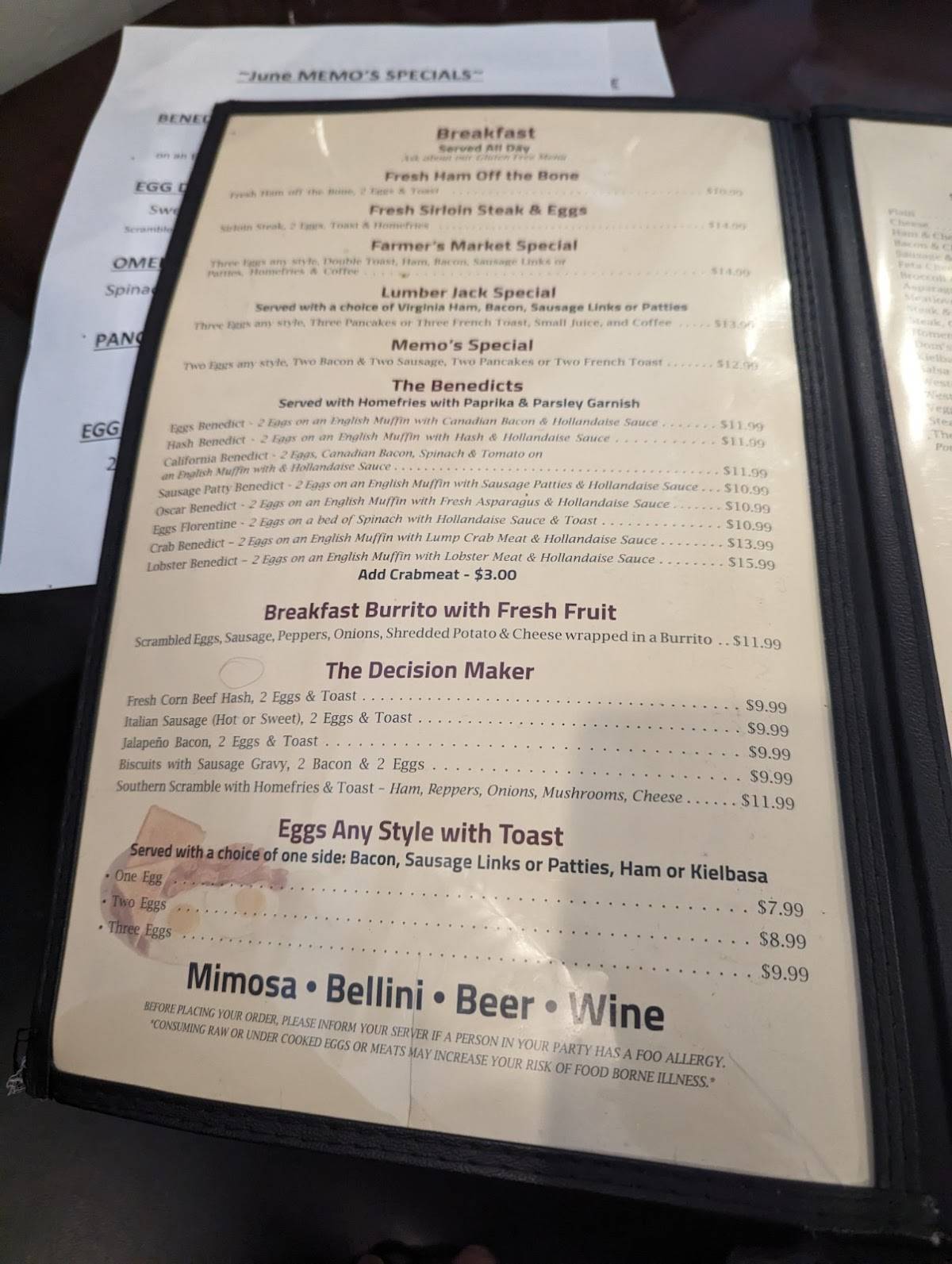 Menu at Memo's Restaurant, West Springfield
