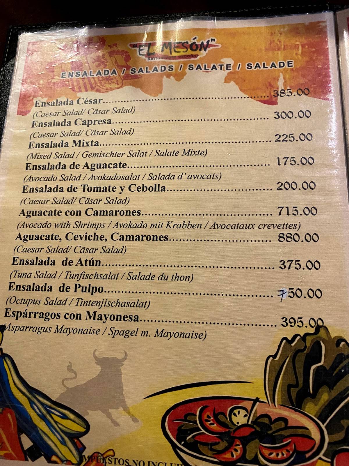 Carta de Restaurante el Mesón Español, Playa Juan Dolio