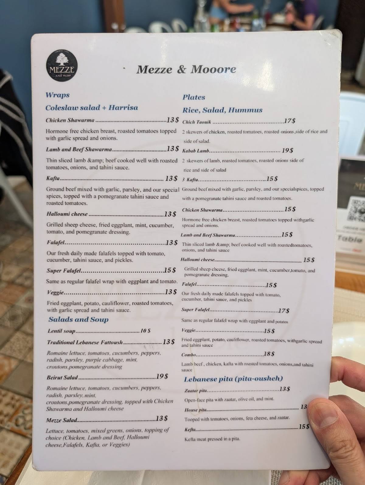 Menu at Mezze and Mooore restaurant, San Francisco
