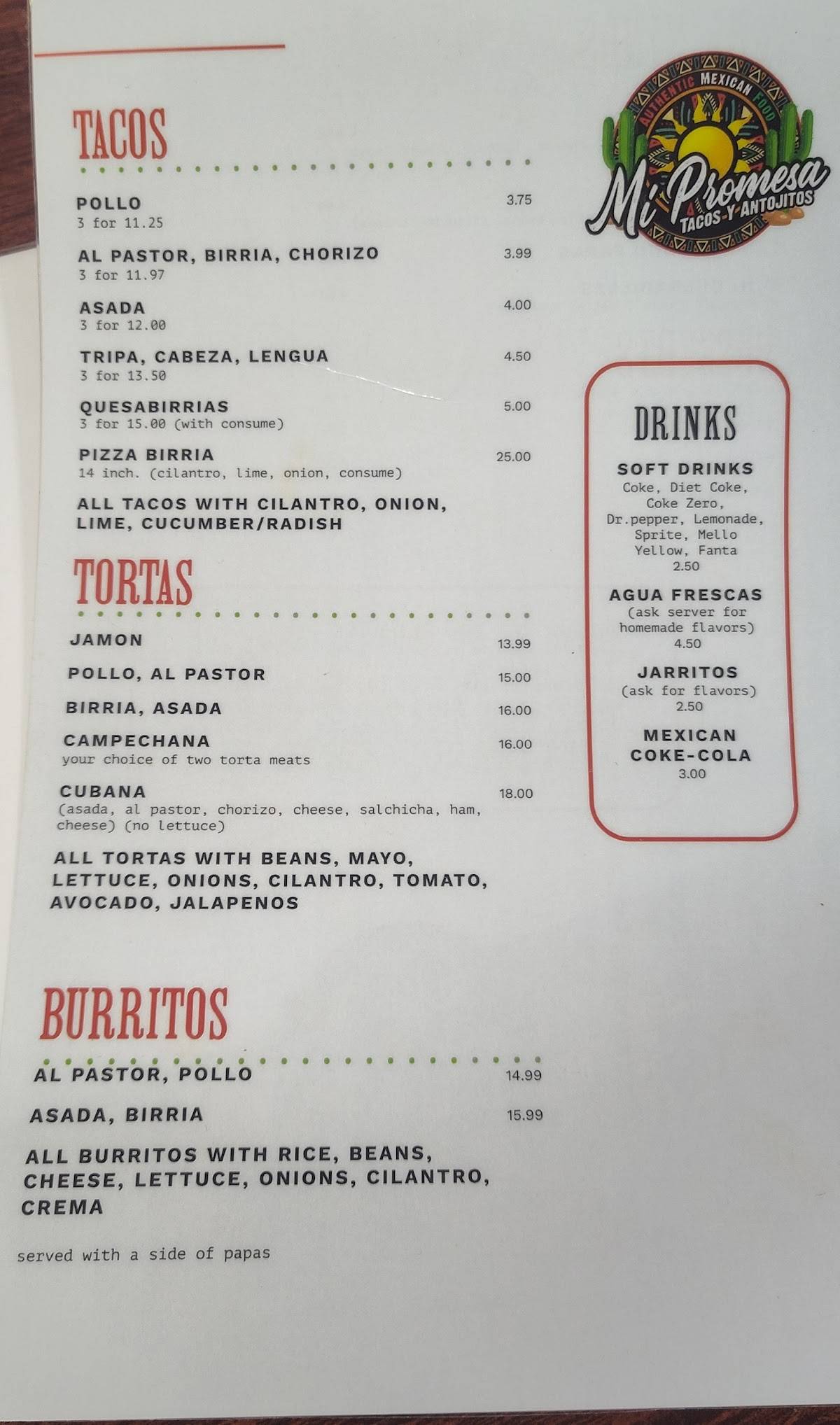 Menu at Mi Promesa Authentic Mexican Food, Sumter