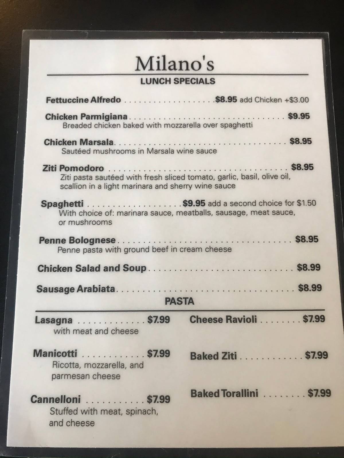 Menu at Milano’s Italian Grill restaurant, Maumelle