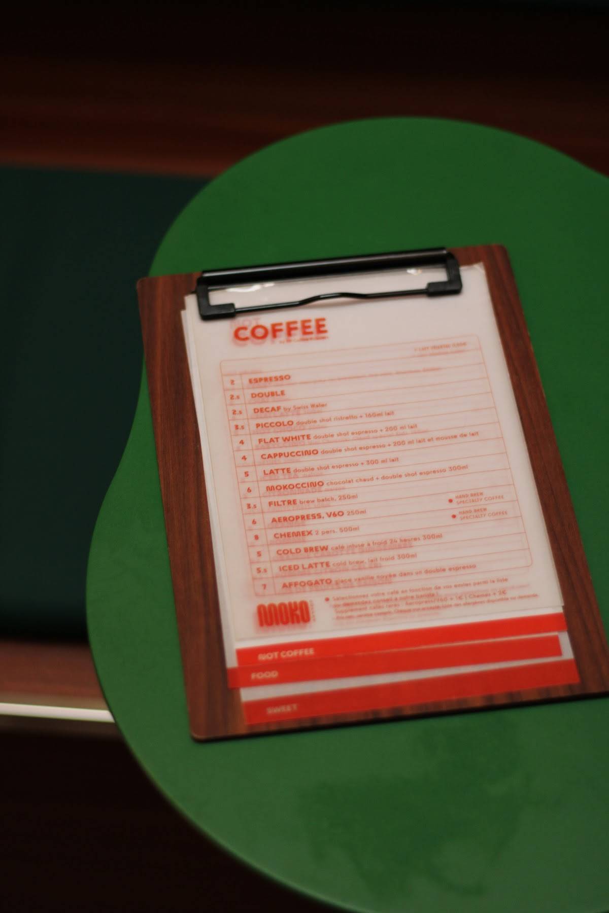Menu au Moko Coffee café, Bordeaux
