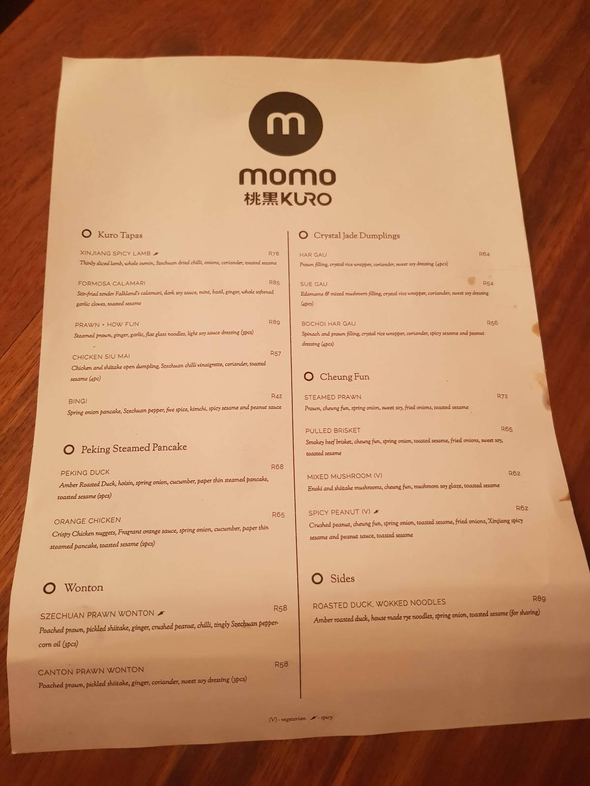Menu at Momo Kuro restaurant, Johannesburg
