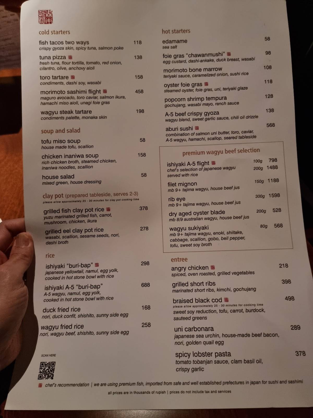 Menu at Morimoto Jakarta restaurant, South Jakarta