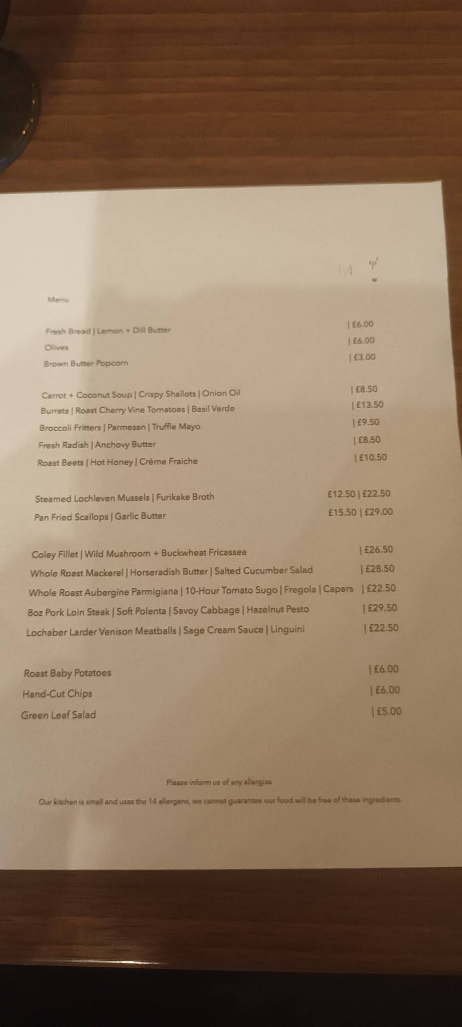 Menu at Moss restaurant, Glencoe