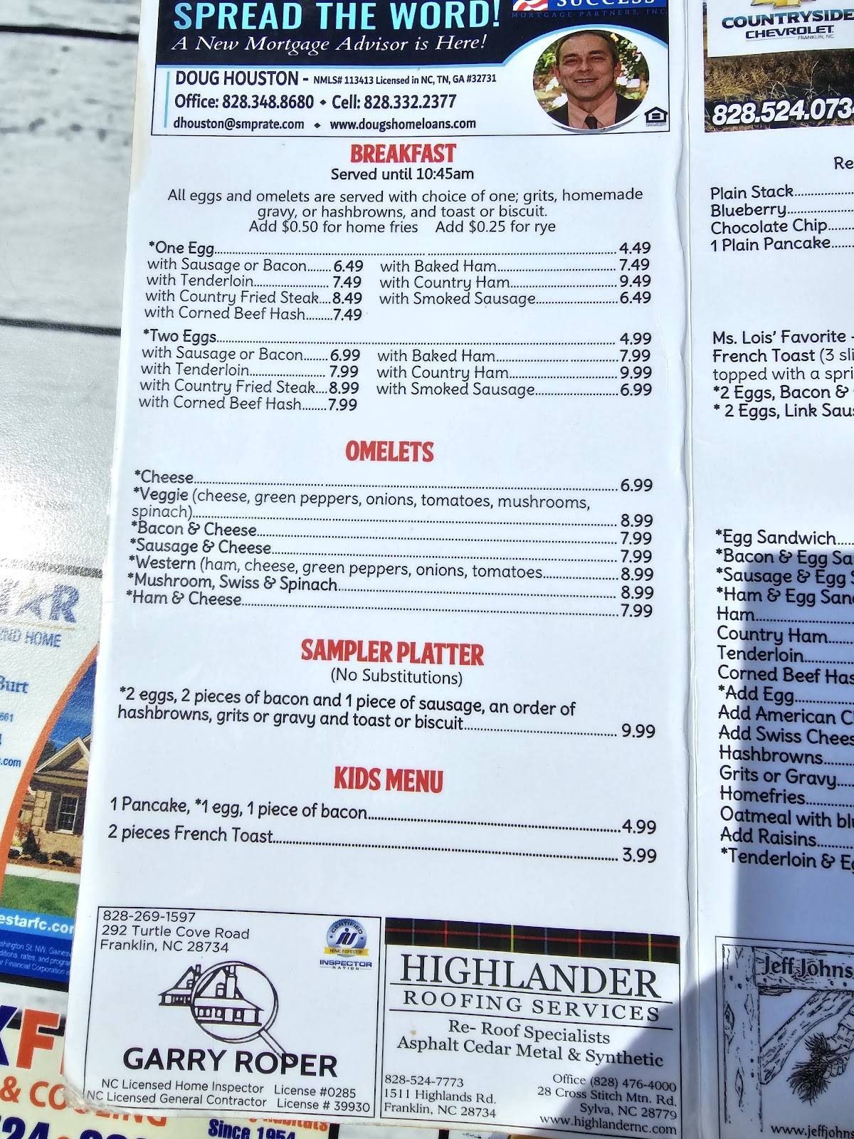Menu at Ms Lois' Restaurant, Franklin