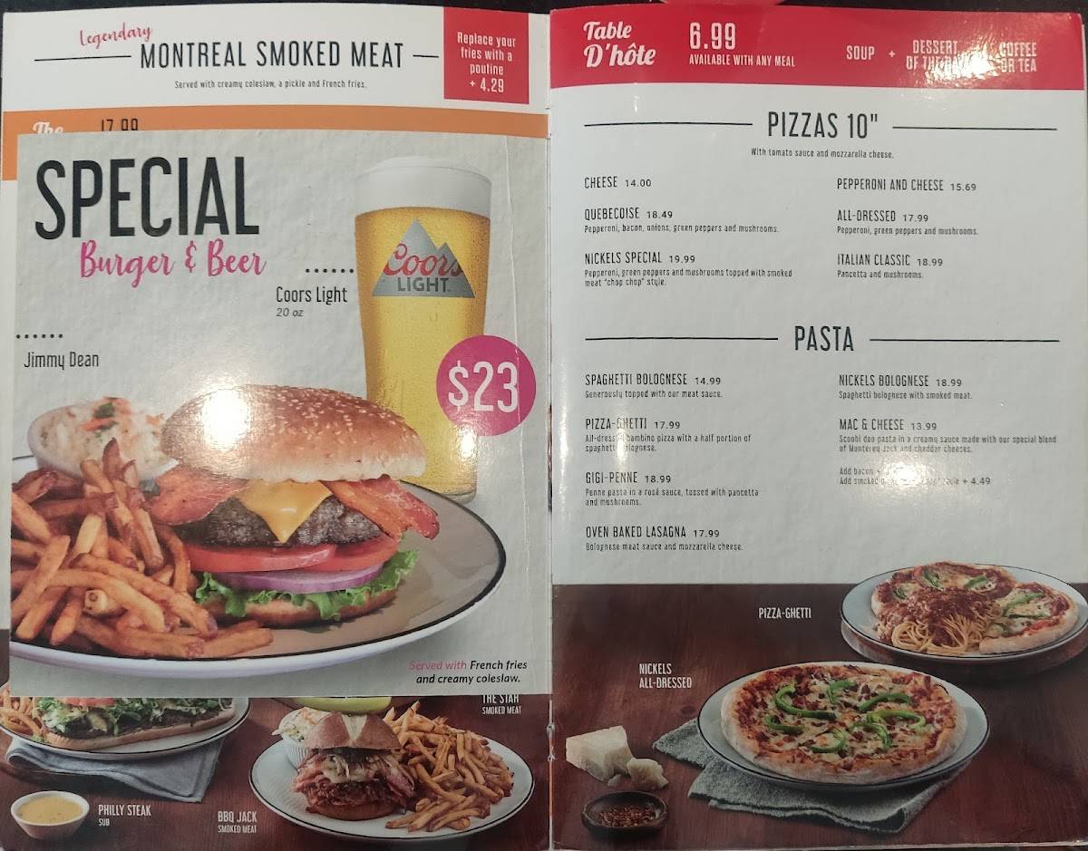 Menu au Nickels Deli restaurant, Saint-Jérôme
