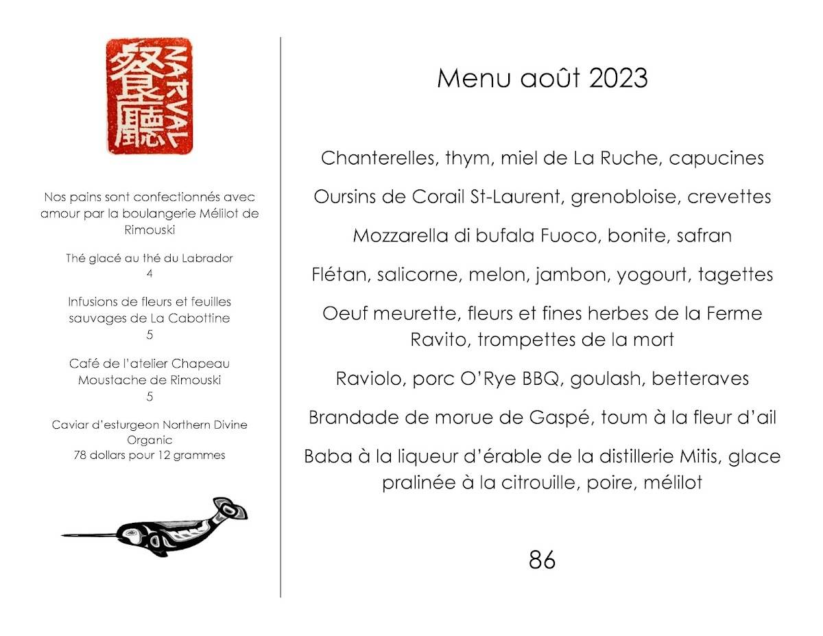 Menu au Restaurant Narval, Rimouski