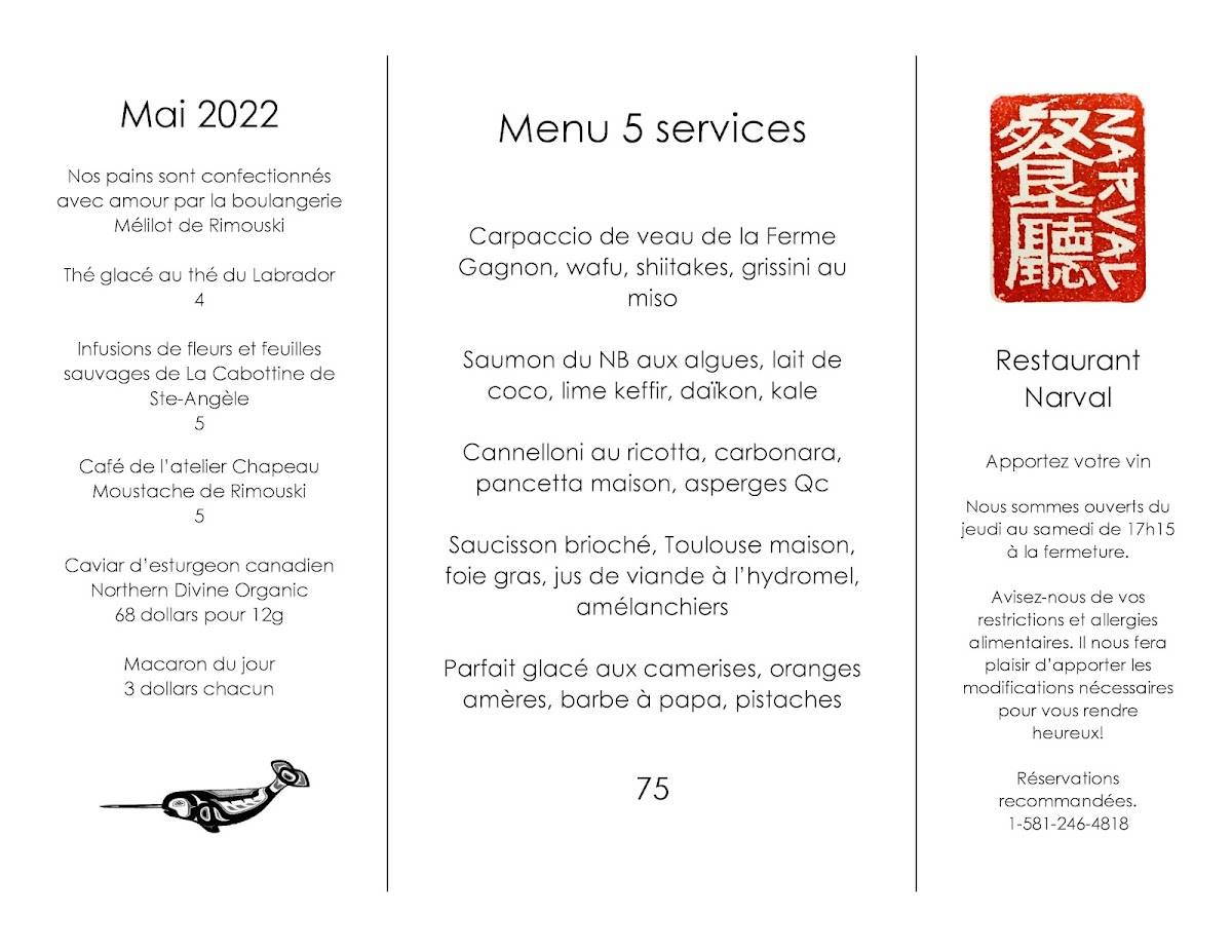 Menu au Restaurant Narval, Rimouski