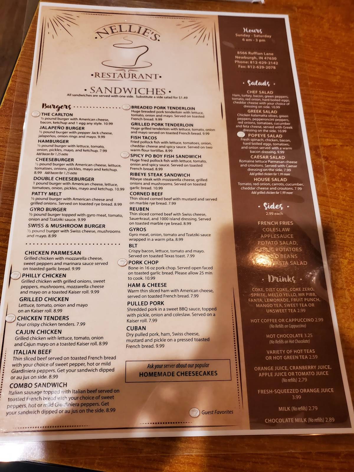 Menu at Nellie's Restaurant, Newburgh