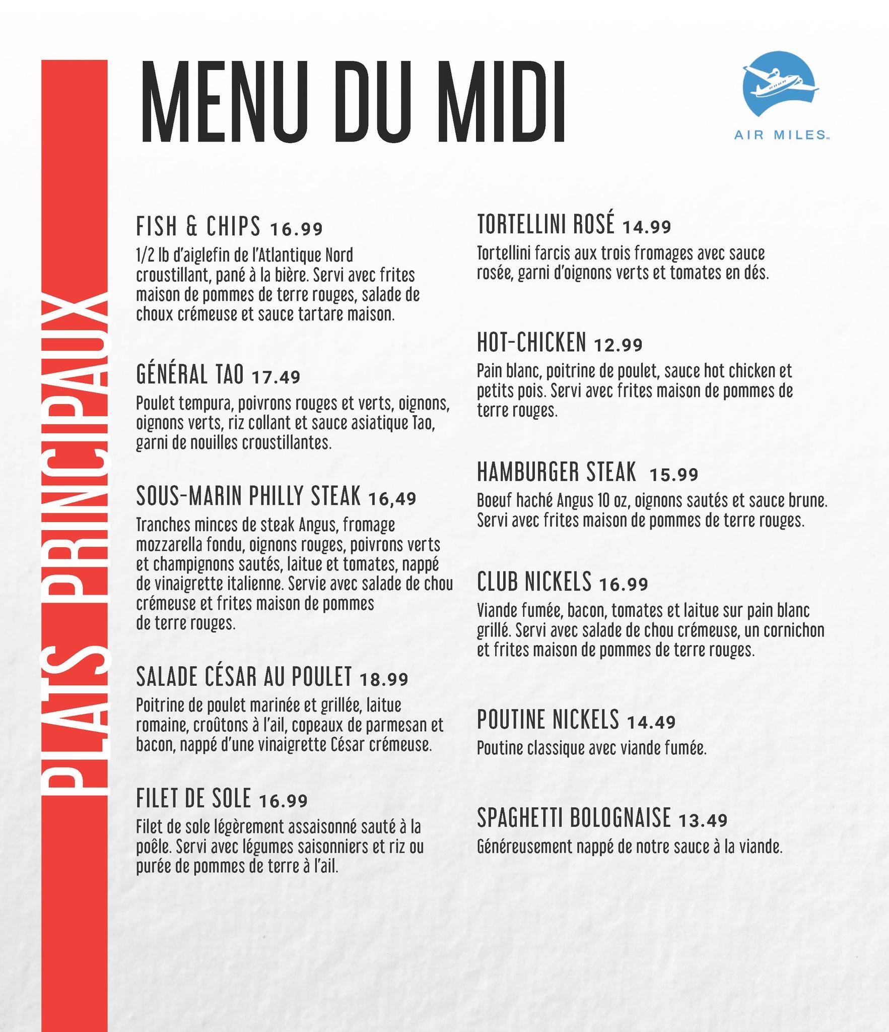 Menu at Nickels restaurant, Gatineau