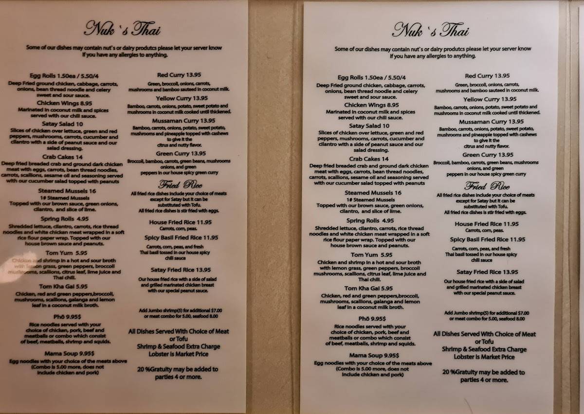 Menu at Nuk's Thai Cuisine restaurant, De Pere, 201 James St