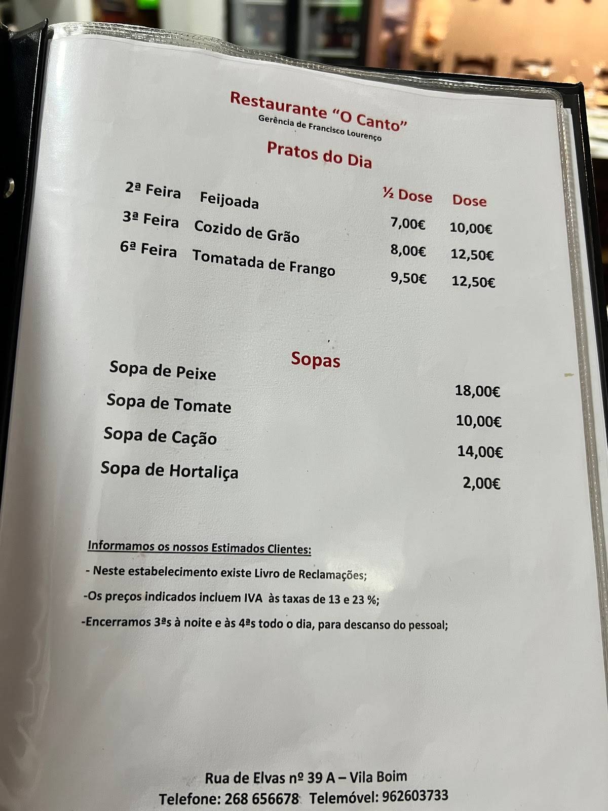 Menu em Restaurante O Canto, Portugal