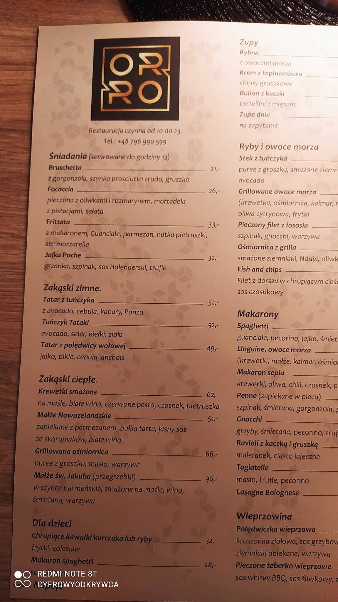 Menu at ORRO Restauracja & Bar, Szczecin, Arkońska 28