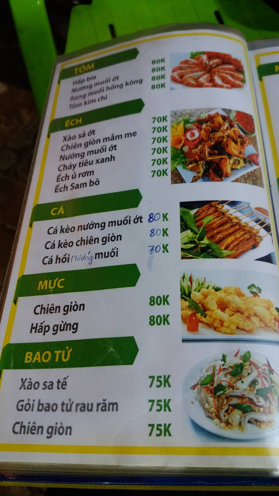 Menu at Ốc Châu restaurant, Ho Chi Minh City, 159 Ngô Thị Thu Minh