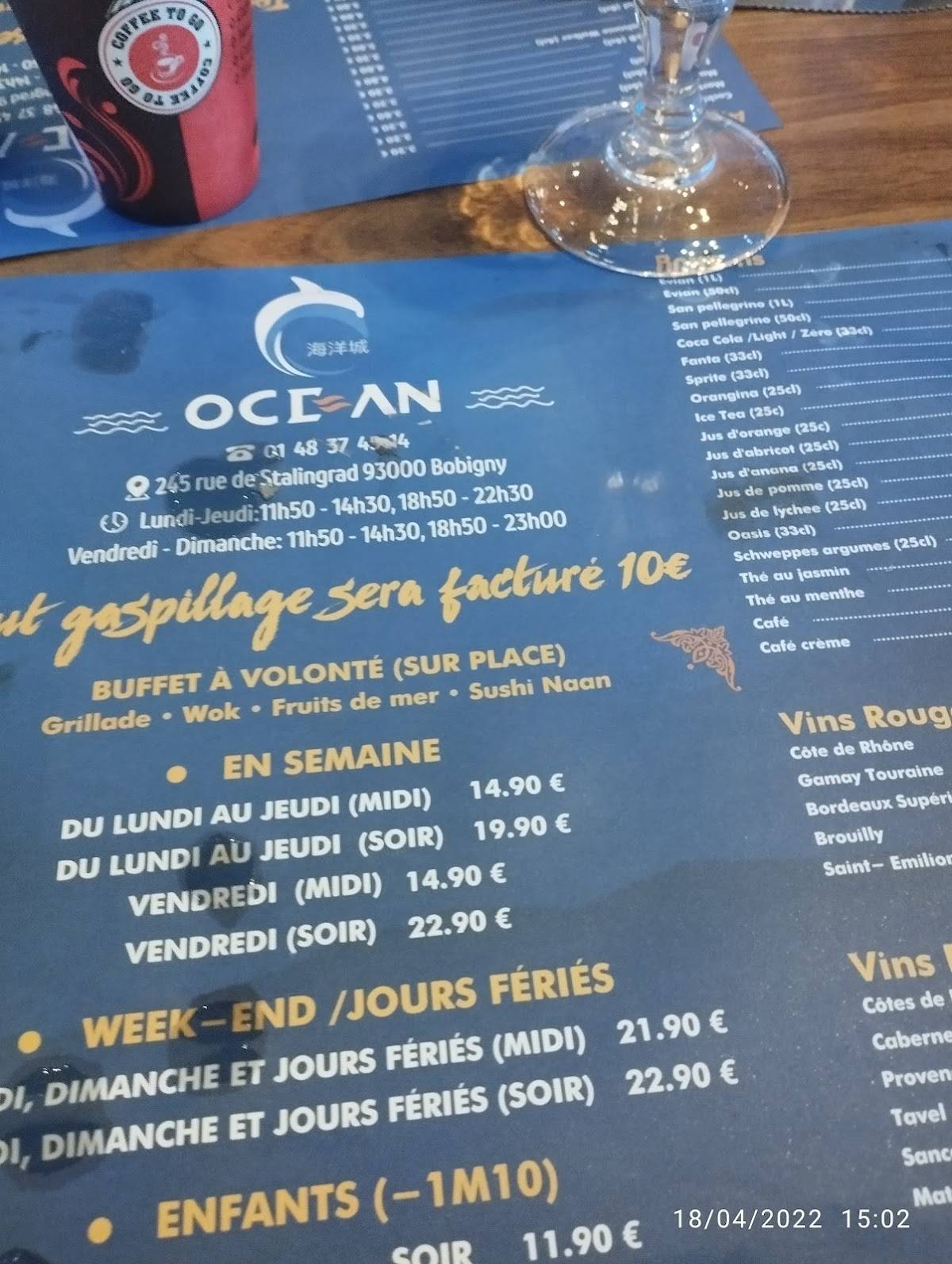 Menu au Restaurant Océan, Bobigny