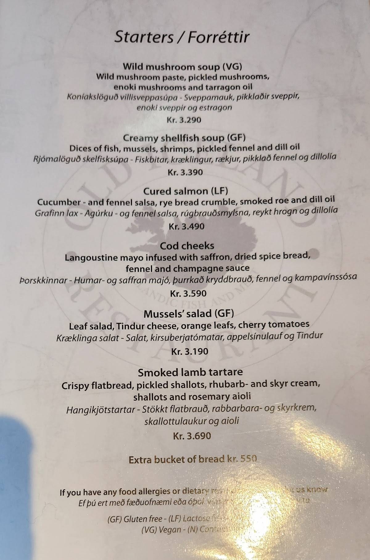 Menu at Old Iceland restaurant, Reykjavík