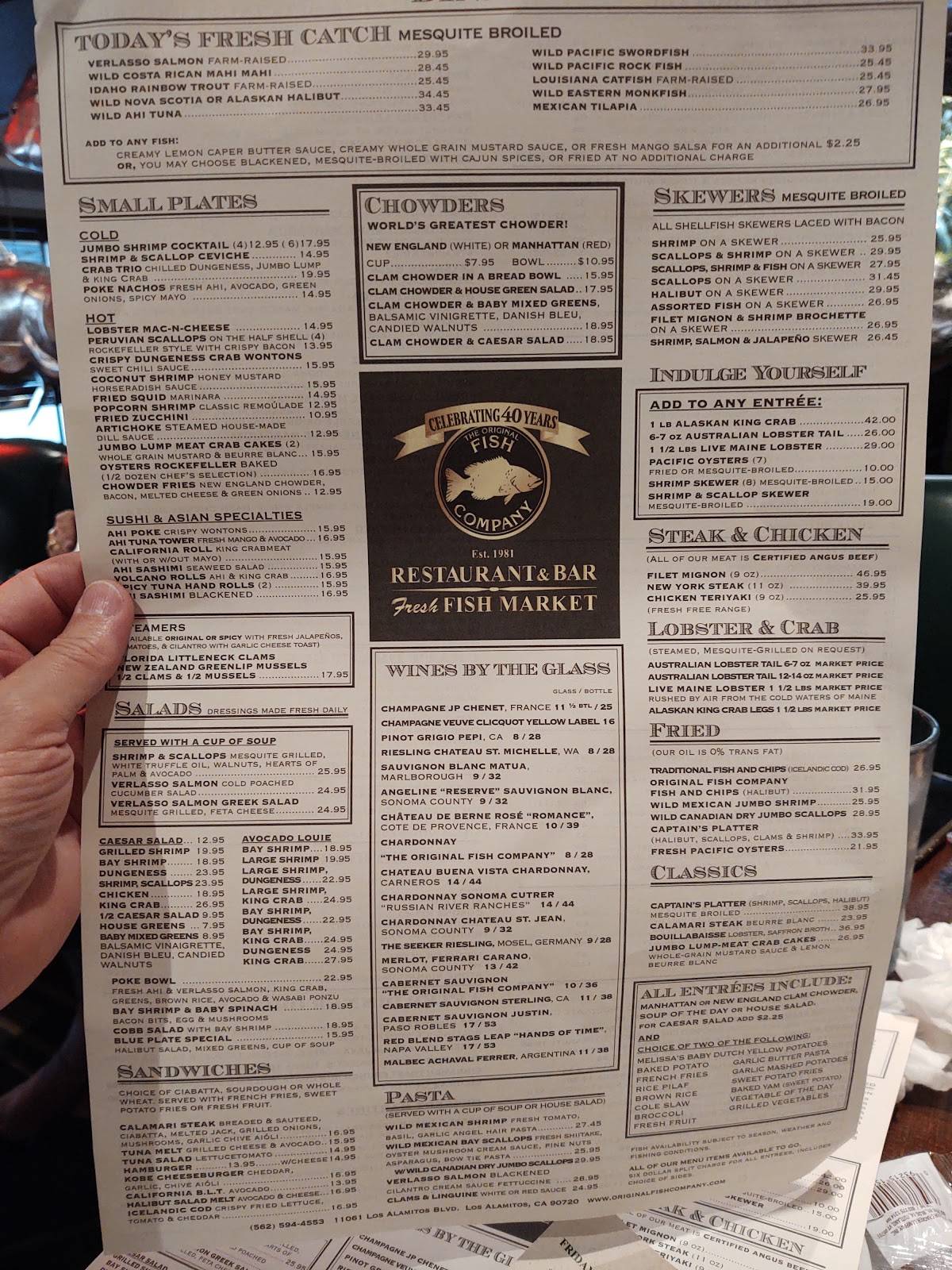 Menu at Original Fish Co. restaurant, Los Alamitos