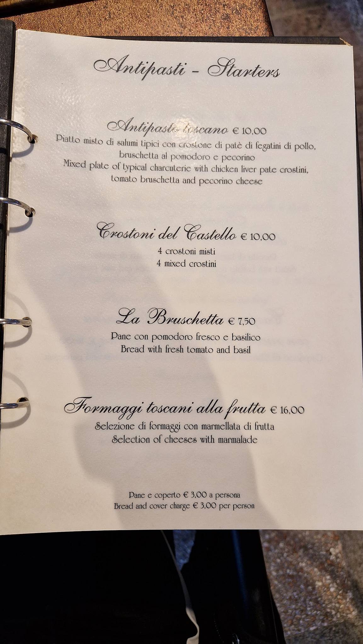 Menu at Osteria Antico Travaglio restaurant, Monteriggioni