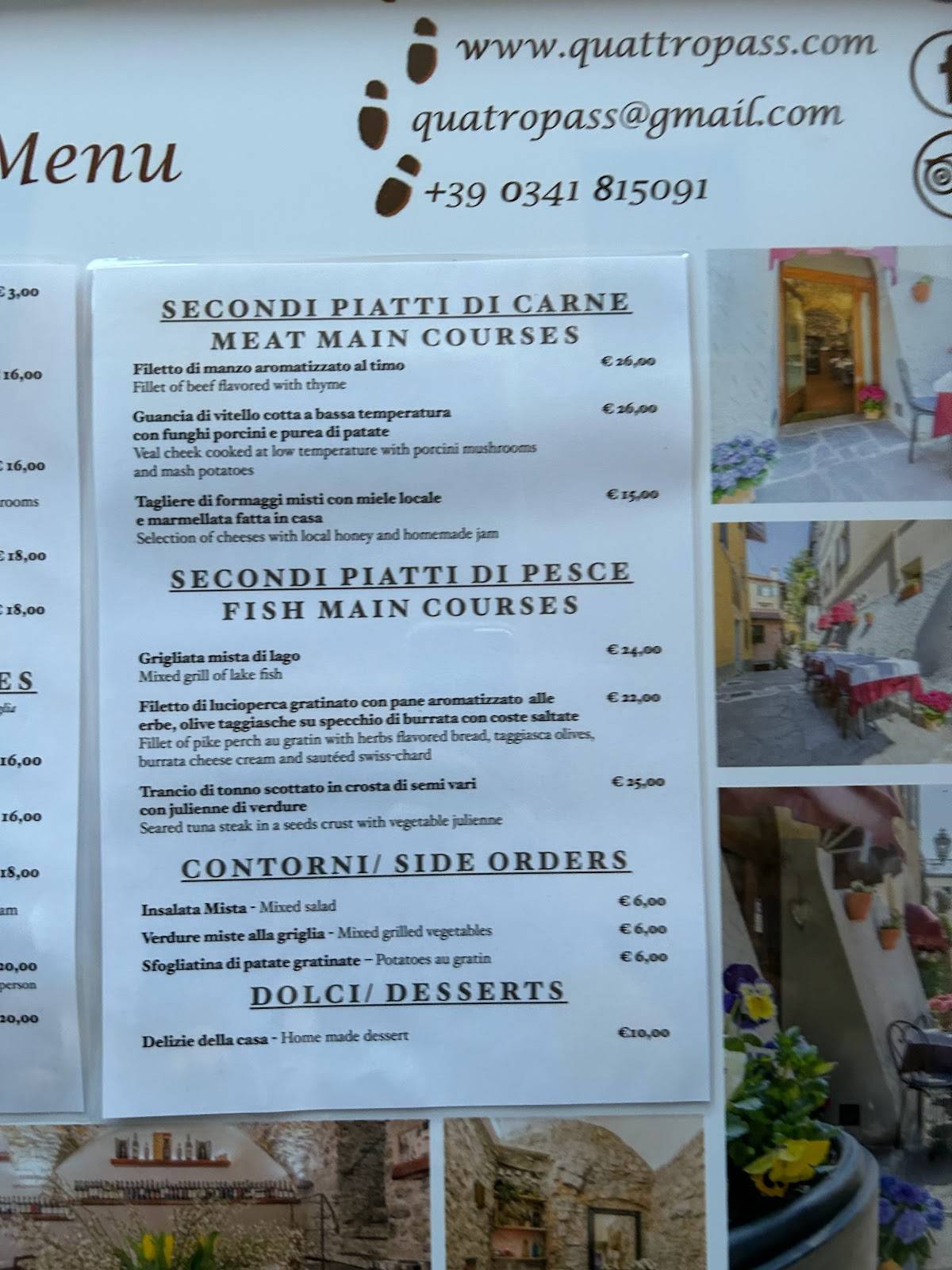 Menu at Osteria Quatro Pass restaurant, Varenna
