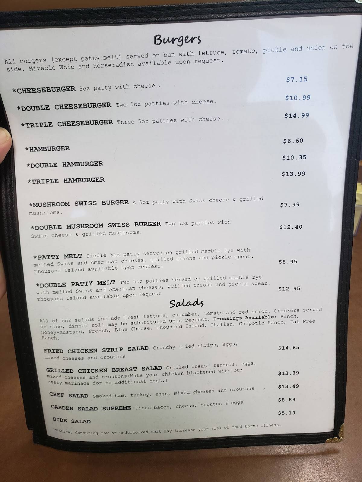 Menu at PT's restaurant, Oak Grove