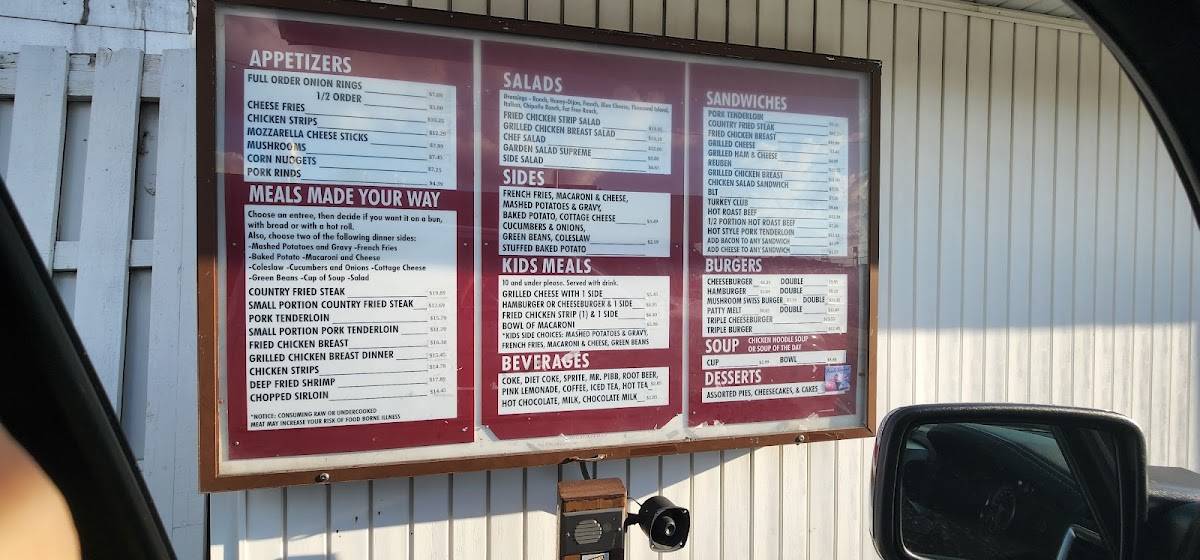 Menu at PT's restaurant, Oak Grove