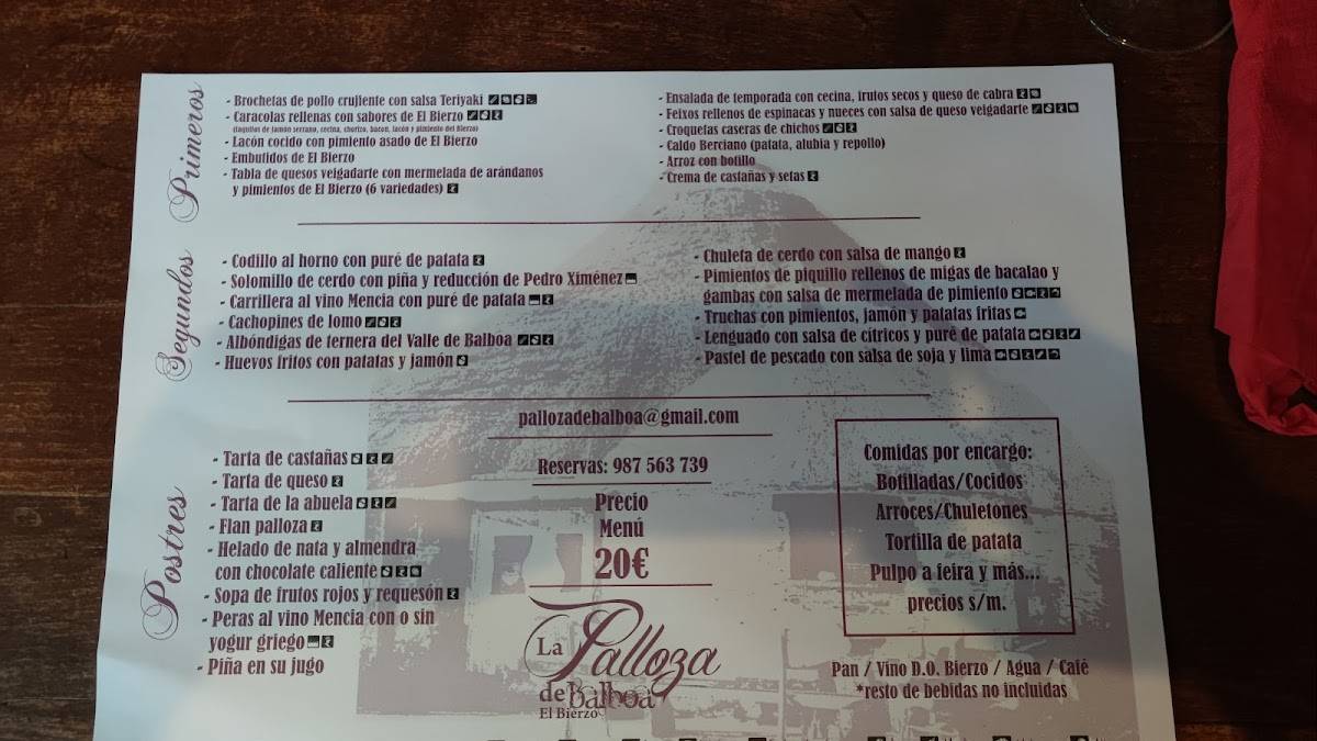 Carta del restaurante Palloza del Balboa, Balboa
