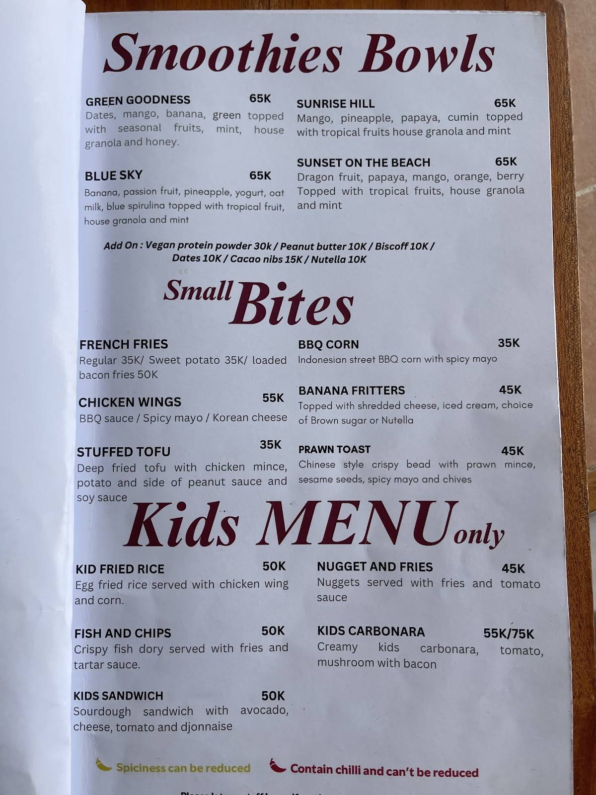 Menu at Paperhills cafe, Central Batur