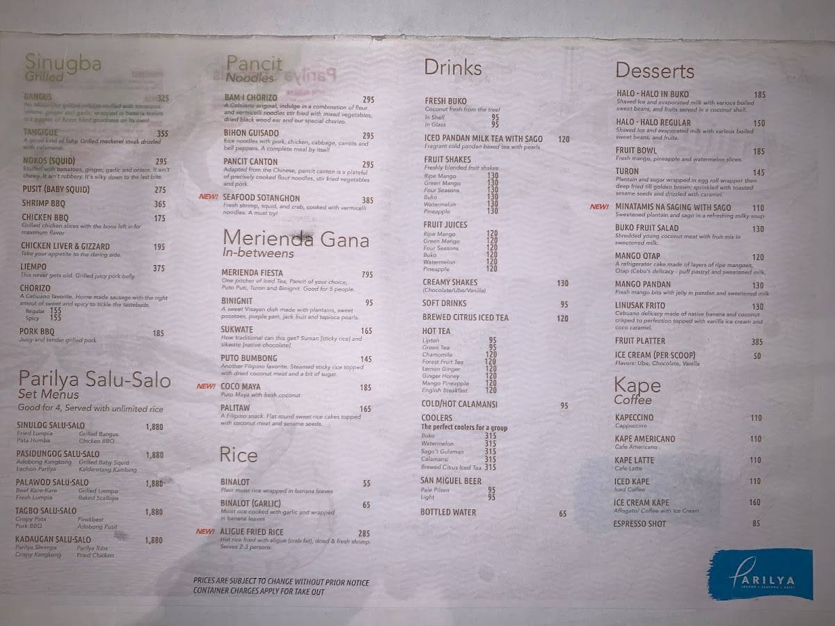 Menu at Parilya restaurant, Cebu City, City di Mare Visitor Center