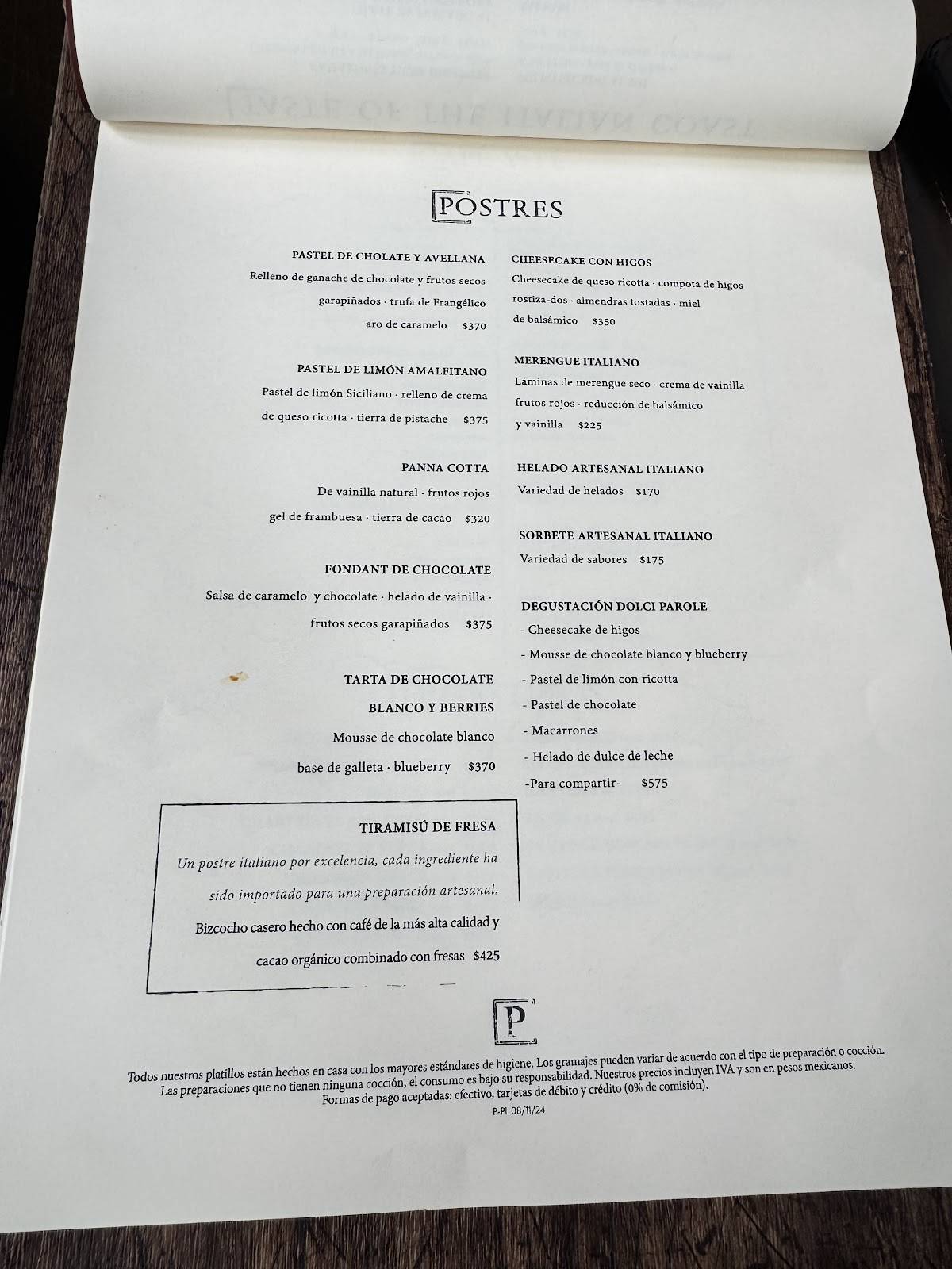 Carta de Parole Polanco | Restaurante Italiano, Ciudad López Mateos