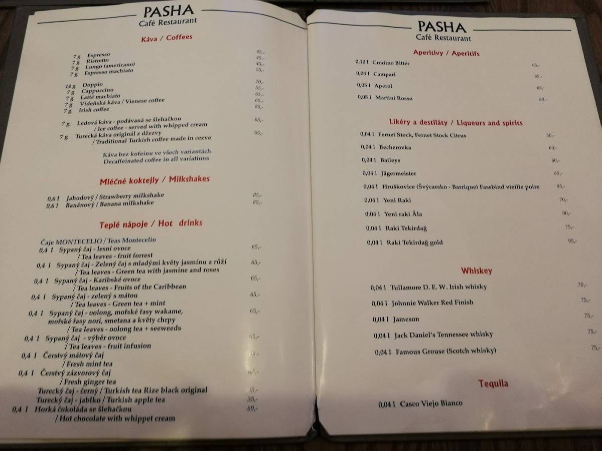 Menu at Pasha Restaurant, Prague