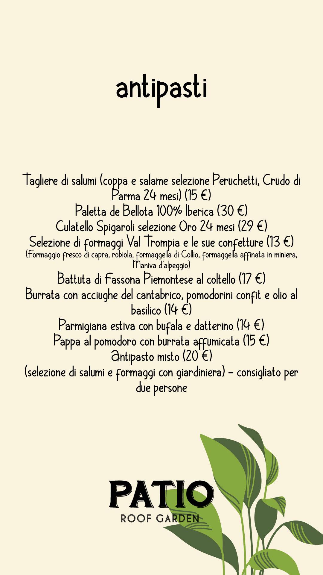 Menu at Patio Roof Garden restaurant, Brescia