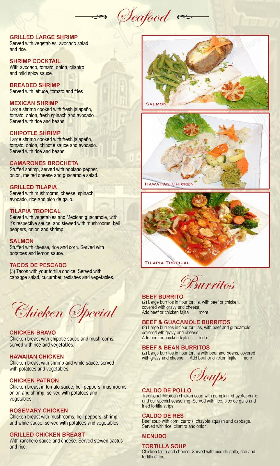Menu at Patron restaurant, Alvin