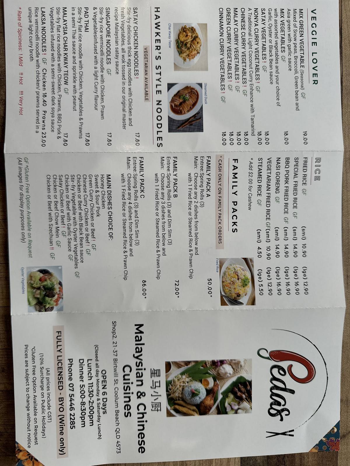 Menu at Pedas Malaysia and Chinese Restaurant, Coolum Beach