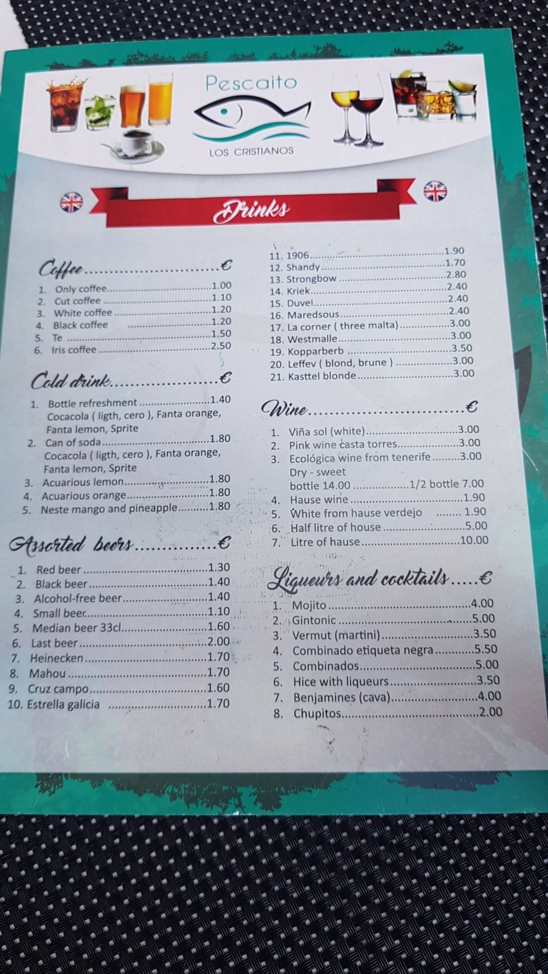 Menu at Pescaito los cristianos restaurant, Playa de las Américas