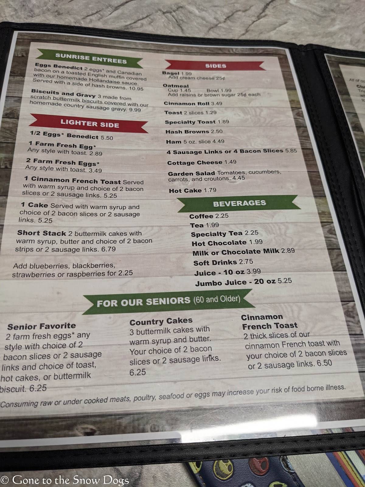 Menu at Pines Cafe, Ironwood