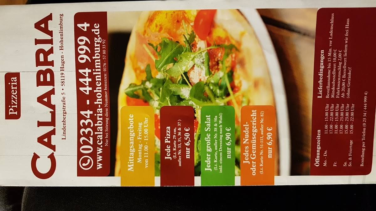 Speisekarte von Pizzeria Calabria, Hagen, Lindenbergstraße 5
