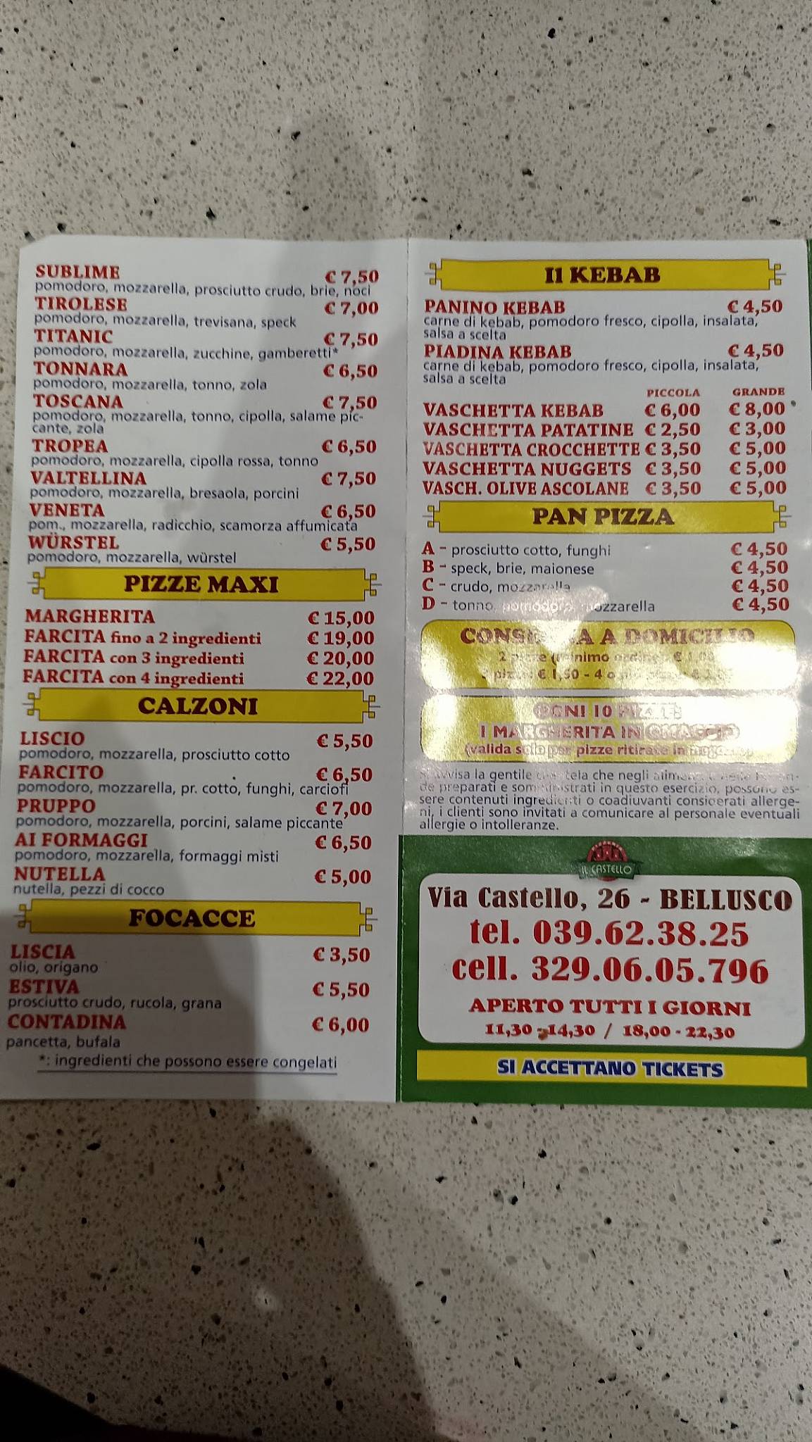 Menu at Pizzeria Il Castello di Bellusco, Bellusco