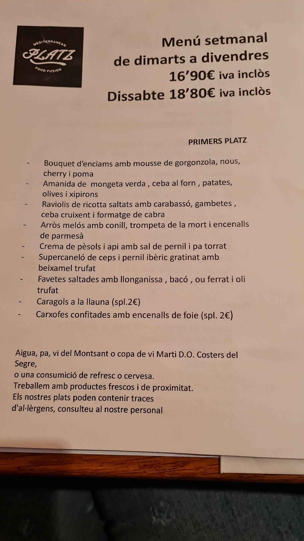 Carta de Restaurante Platz, Lérida