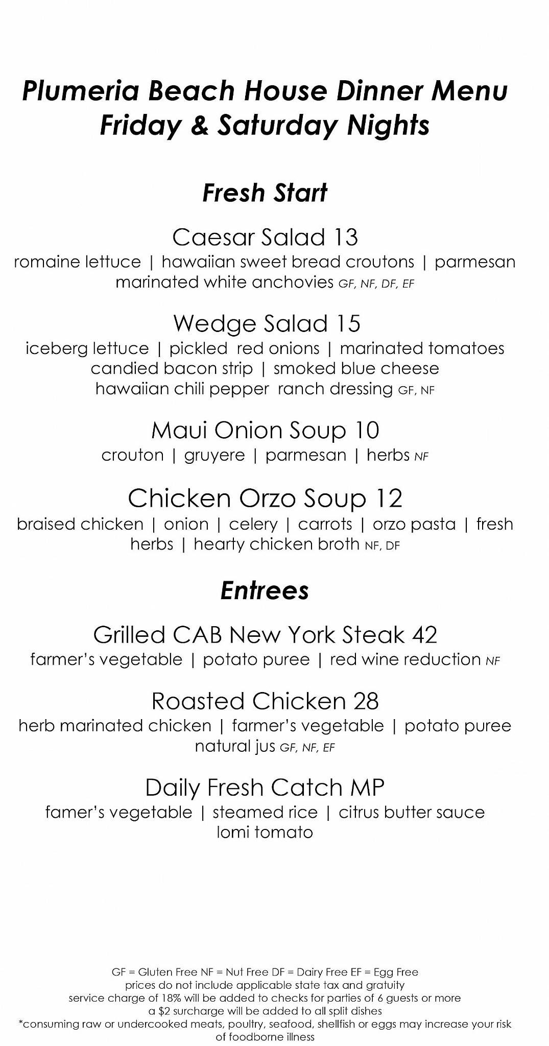 Menu at Plumeria Beach House restaurant, Honolulu