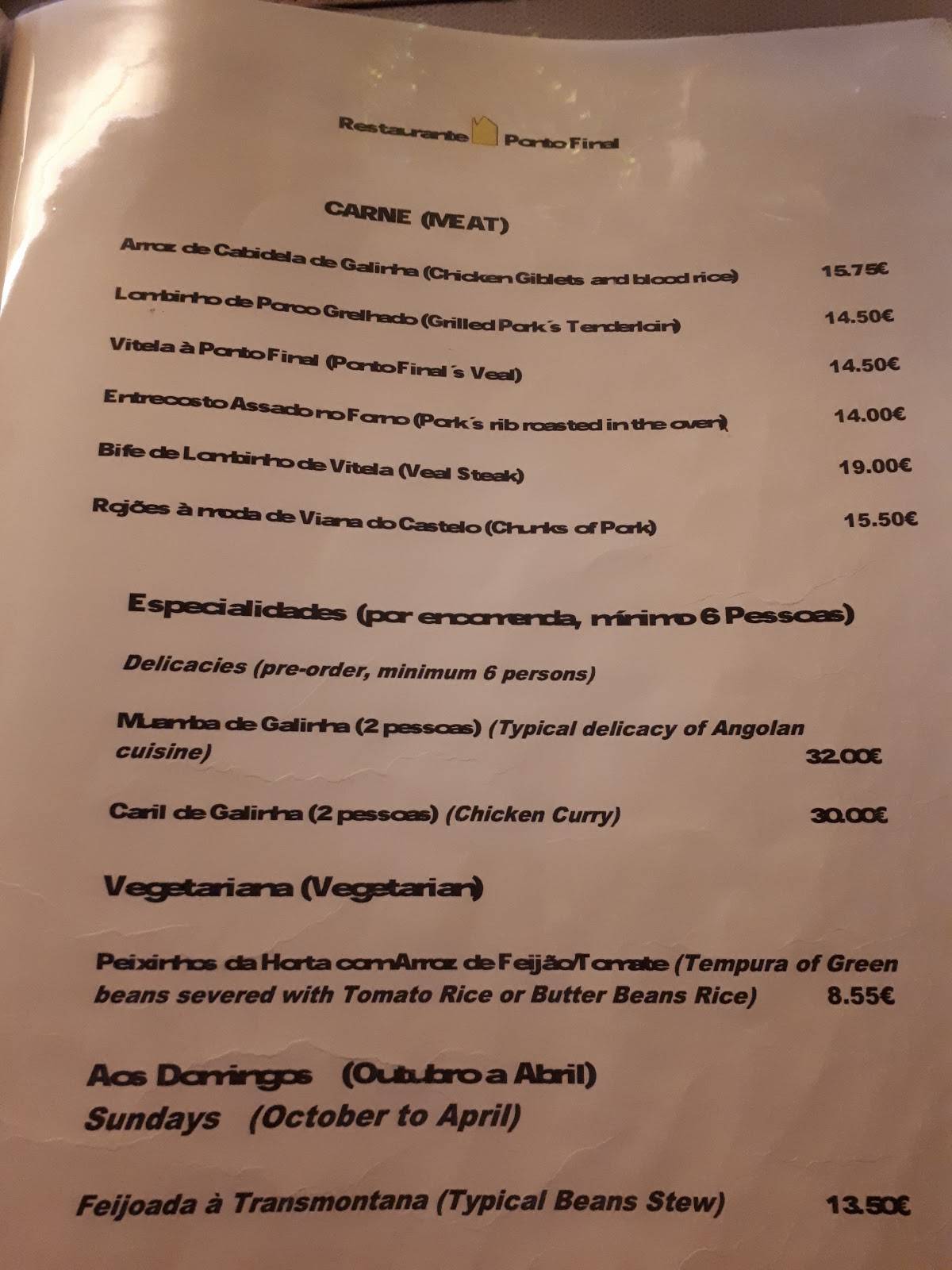 Menu at Restaurante Ponto Final, Almada