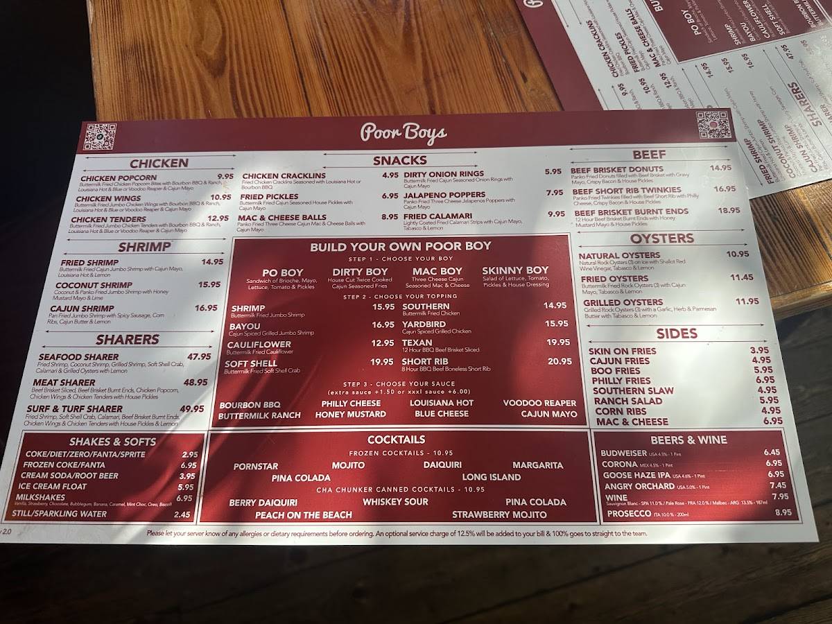 Menu at Poor Boys restaurant, Kingston upon Thames