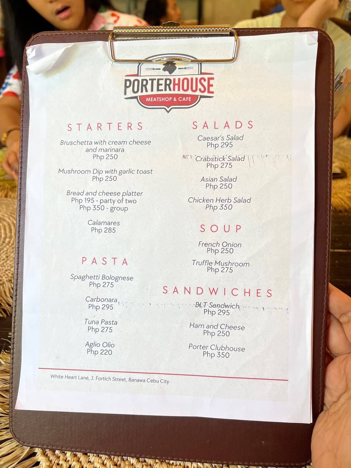 Menu at Porterhouse Meatshop & Cafe, Cebu City