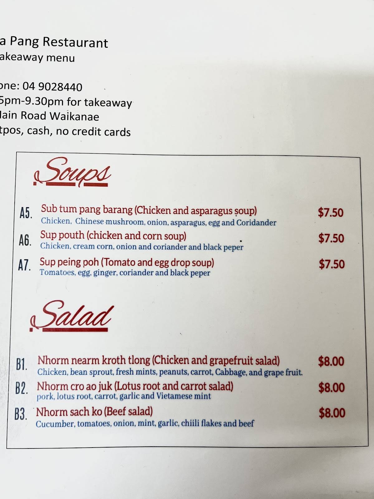 Menu at Prah Ta Pang Restaurant, Waikanae